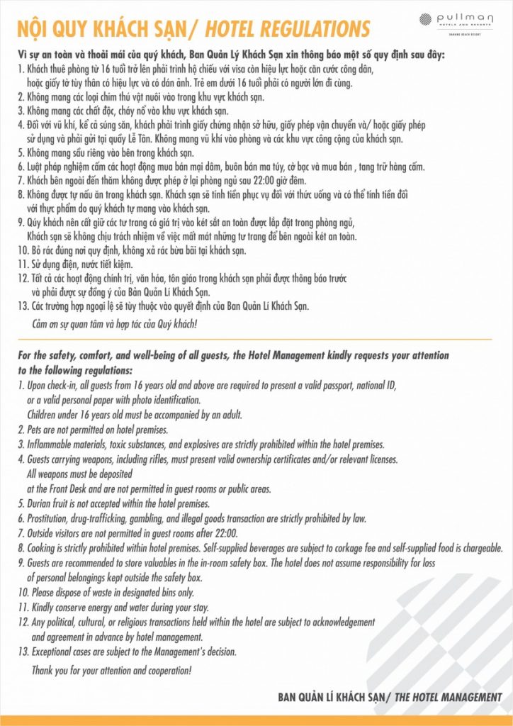 Pullman Danang Beach Resort - Resort Regulation